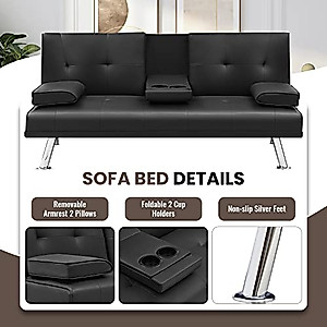 DKLGG Modern Futon Sofa Bed Faux Leather Convertible Recliner Couch with 2 Cup Holders, Armrest and Metal Legs Home Furniture (Dark Black)