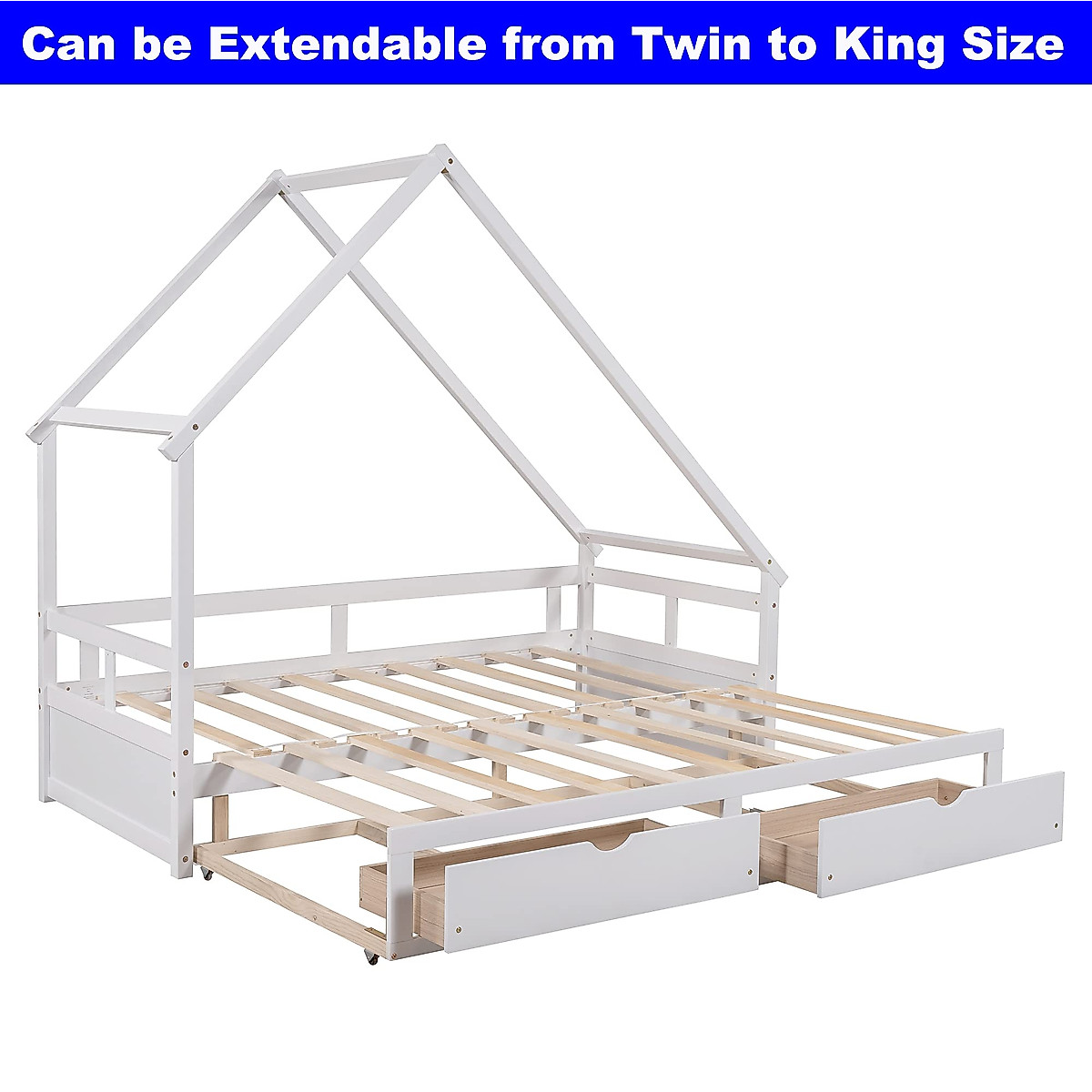 LEEKOUS STERXONE Best Wooden Daybed with Trundle Bed and Two Storage Drawers, Elegant Daybed Frame Can be Extendable from Twin to King Size, Kids House Bed Sofa Bed for Living Room Bedroom (White)