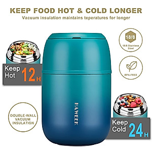HAWEEK Insulated Food Container 17 oz Soup Thermos for Hot Food Adults, Stainless Steel Vacuum Lunch Box with Folding Spoon, Adult Thermos Portable with Handle for School, Office, Outdoor