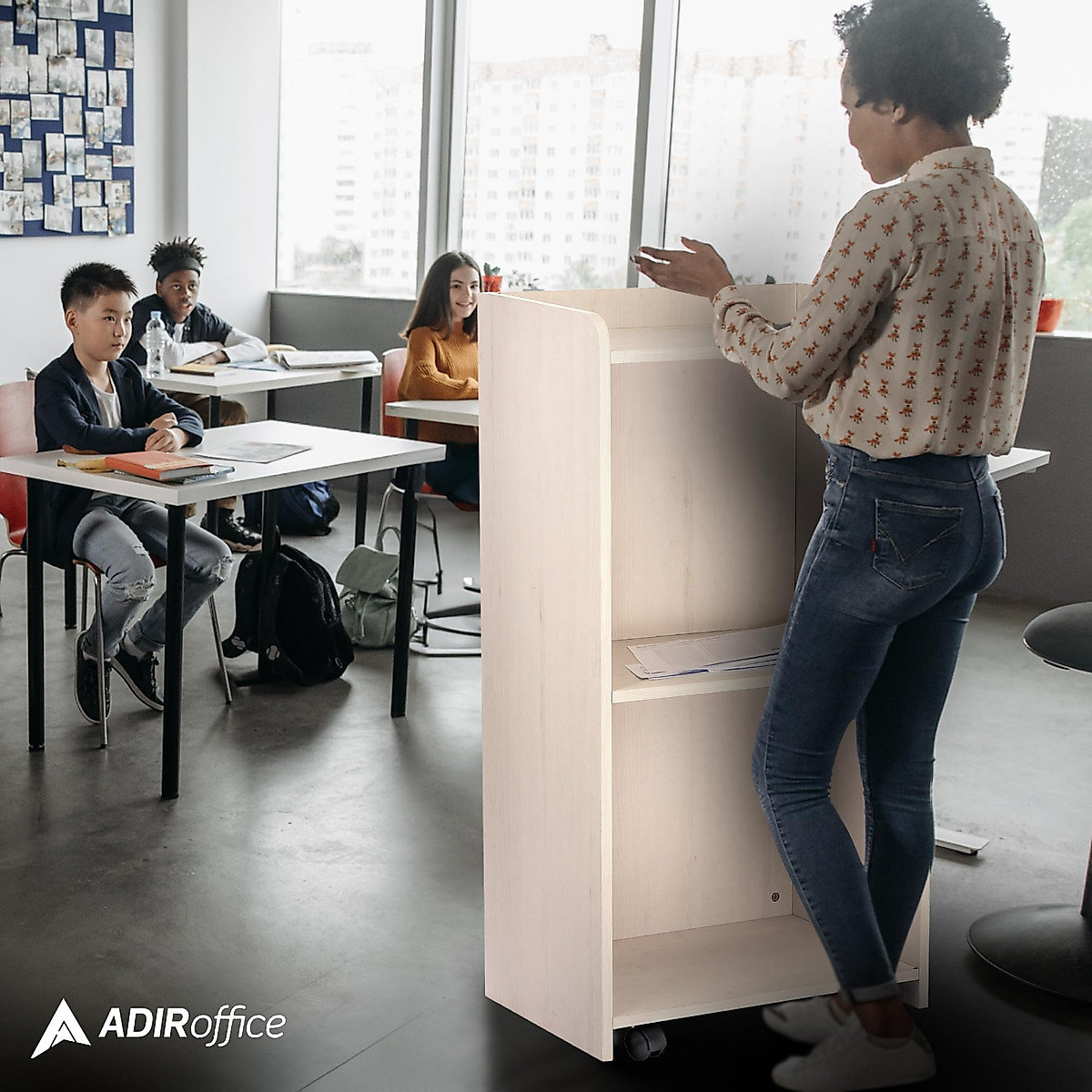Adir Hostess Stand with Wheels - Portable Presentation Podium, Pulpits Lectern Desk with Spacious Shelves for Churches, Restaurants, and Classrooms (White)
