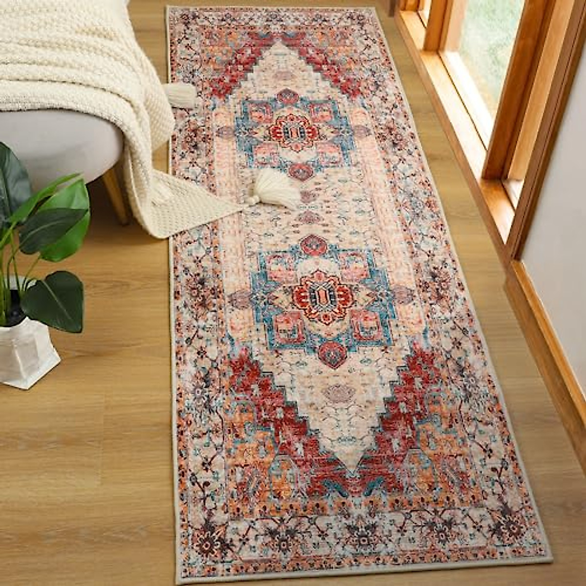 Comeet Washable Runner Rug - 2x6 Boho Hallway Runner Rug, Non-Slip Kitchen Bathroom Runner Rugs, Long Vintage Accent Area Rug for Entryway Laundry Bedroom Orange/Blue