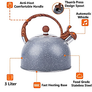 Foedo Tea Kettle for Stove Top, 102 OZ / 3 Liter Tea Pots for Stove Top, Whistling Tea Kettle Food Grade Stainless Steel with Wood Pattern Handle for Tea, Coffee, Milk（Grey）
