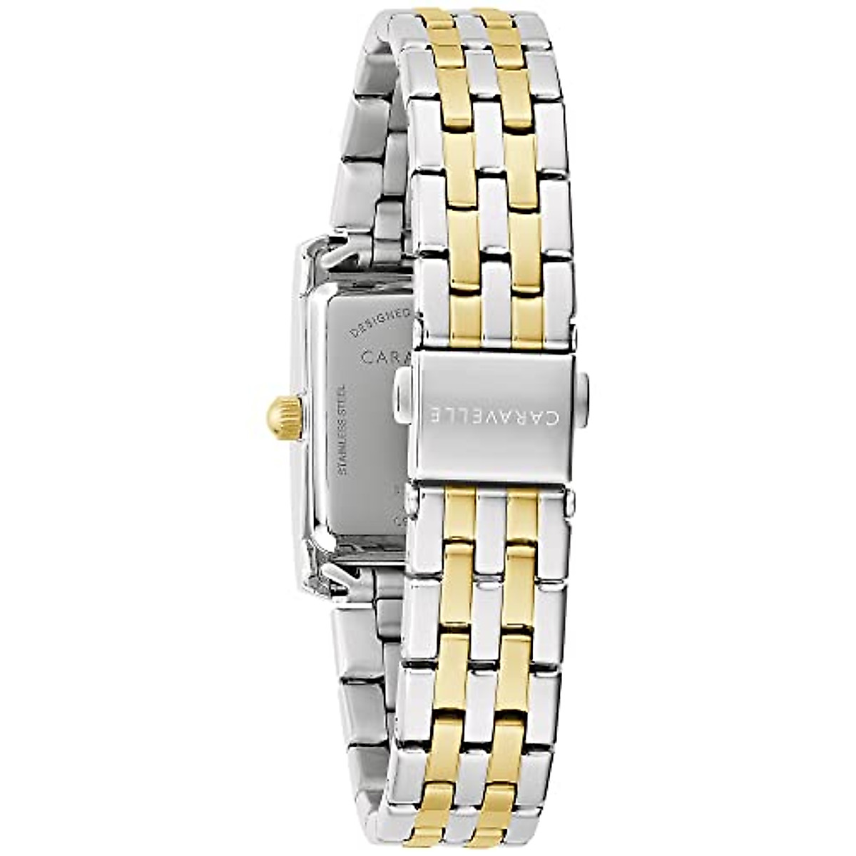 Caravelle by Bulova Ladies' Classic Crystal 3-Hand Quartz Watch, Roman Numeral Markers, Rectangle Case, Curved Mineral Crystal, Two Tone Gold
