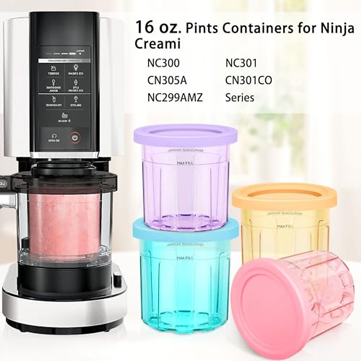 FIRJOY 16 oz. Containers | Extra Replacement Pints and Lids - Compatible with Ninja Creami NC301 NC300 NC299AMZ Series ONLY (4 Pack - Purple, Pink, Green, Yellow)