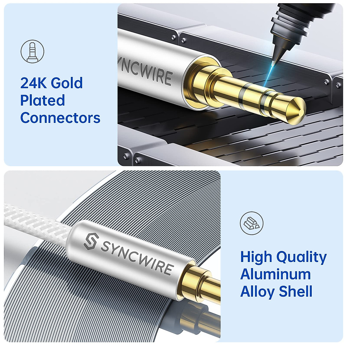 Syncwire 3.5mm Audio Cable, Aux Cable (1.6ft/0.5m) Auxiliary Cord Stereo Jack Male to Male Nylon Braided Audio Cord for Car, Headphone, Home Stereos, Speaker, iPhones,Tablets, Echo&More Silver