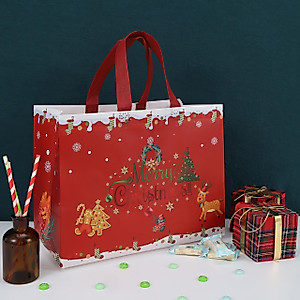 Qirrmiy 8-Pack Large Christmas Gift Bags With Handle, Reusable Non-Woven Holiday Bags, Red, Green and Blue Tote Bags for Xmas Party Favors Holiday Presents and Decorations 12.8” x 9.8&quot; x 6.7”, 8 Pcs