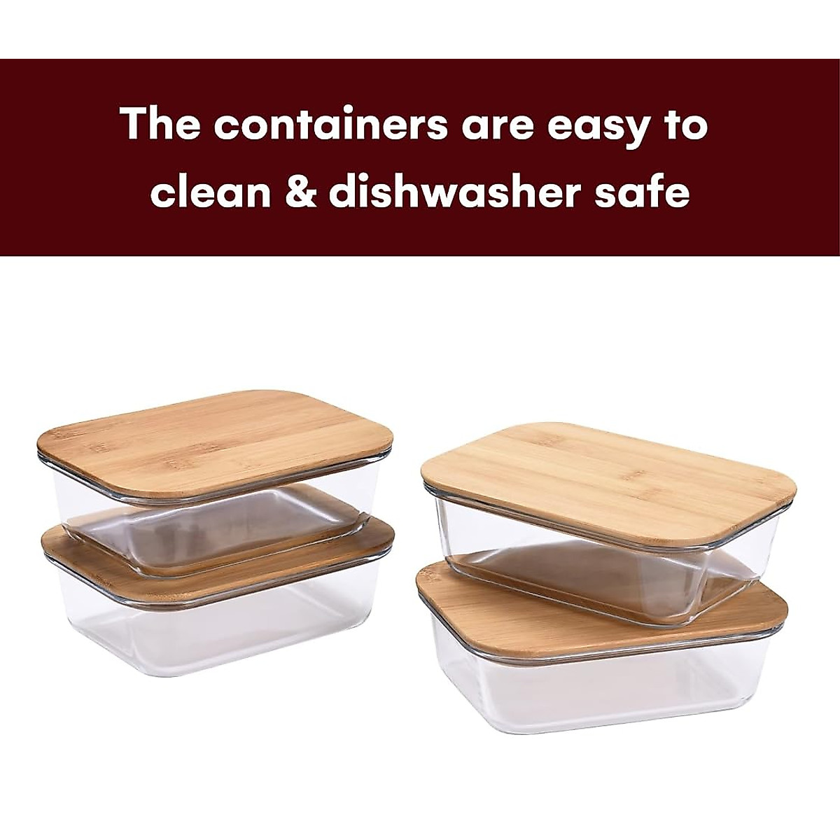 Vdomus Glass Food Storage Containers with Bamboo Lids (Pack of 4) - Stackable Meal Prep Container - Airtight Glass Food Containers - Microwave, Dishwasher Safe - Reusable Glass Lunchbox Pack - 36 Oz