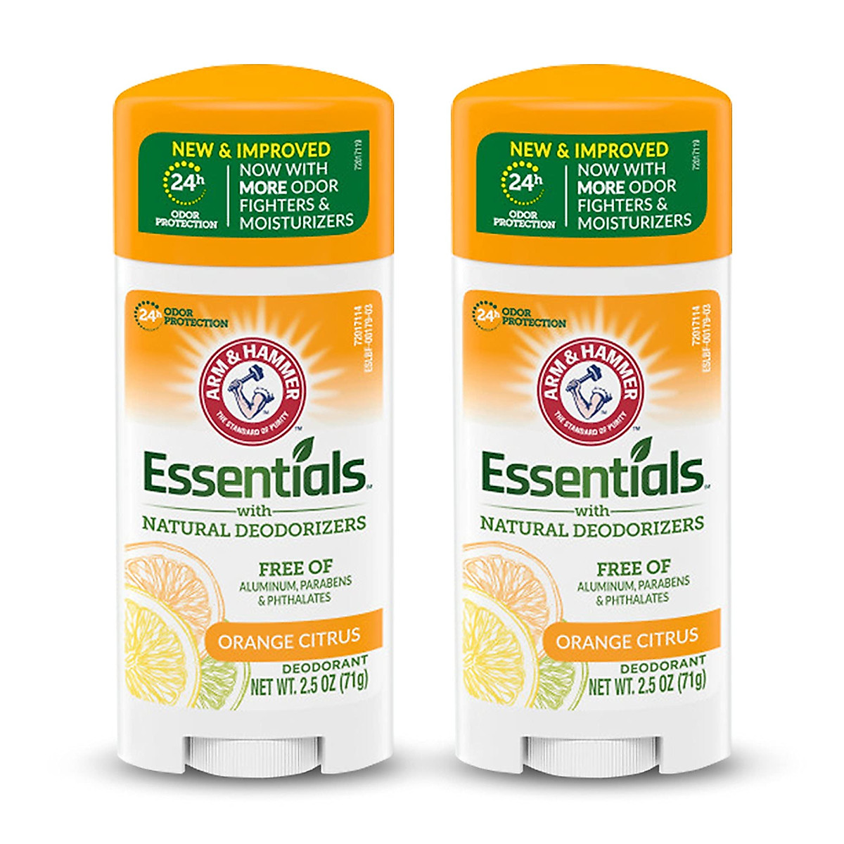 ARM & HAMMER Essentials Deodorant- Orange Citrus- Solid Oval - Made with Natural Deodorizers- Free From Aluminum, Parabens & Phthalates, 2.5 oz (Pack of 2)