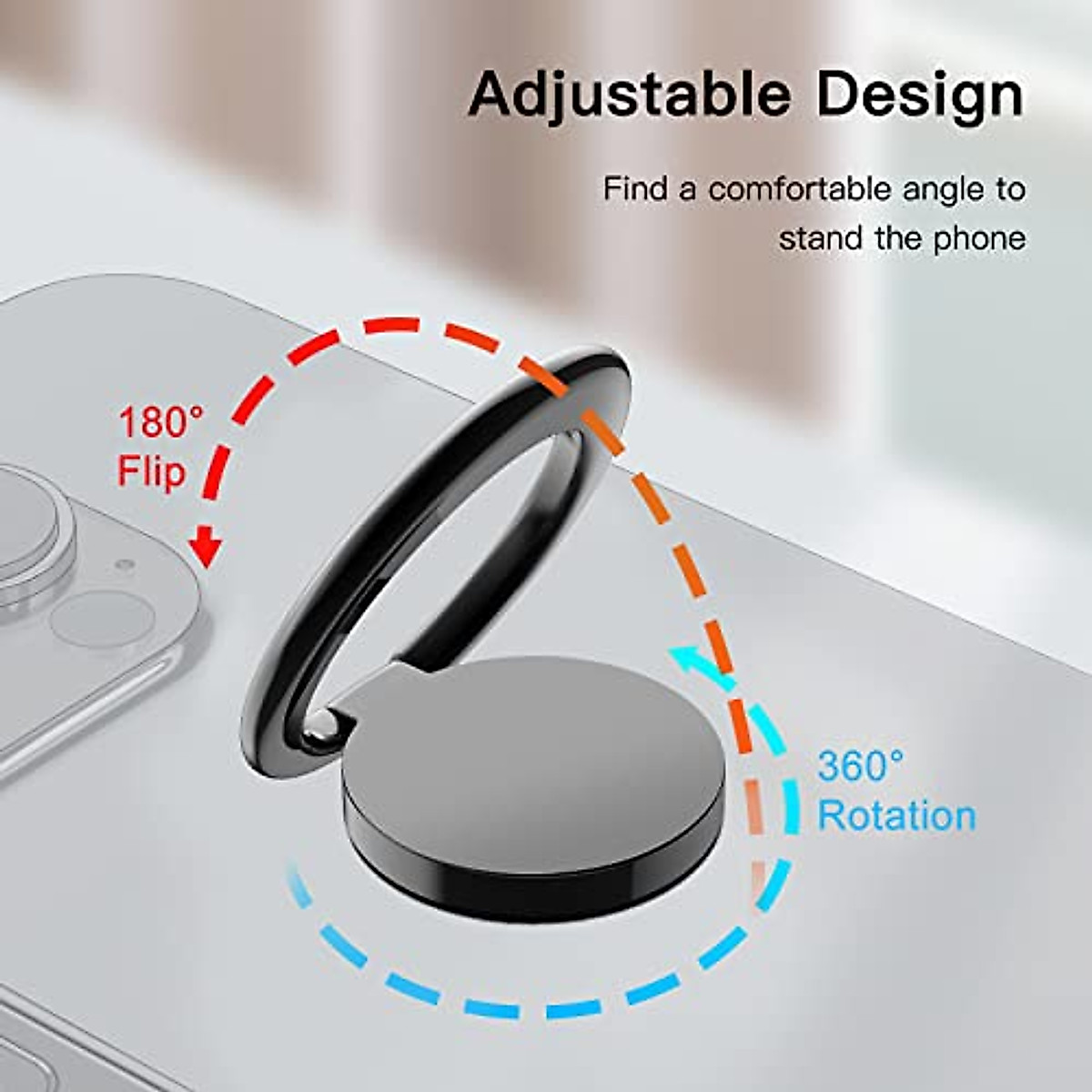 JETech Cell Phone Ring Holder, 360 Degree Rotation Metal Finger Grip Adjustable Cellphone Stand for Magnetic Car Mount, Compatible with iPhone, Galaxy, Pixel and More Smartphone (Black)