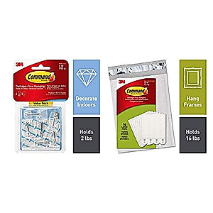 Command Hooks, 6 Hooks, 8 Strips, Medium (17065CLR-6ES) with Command Picture Hanging Strips, Decorate Damage-Free, 14 Pairs (28 Strips), Indoor Use, White (PH206