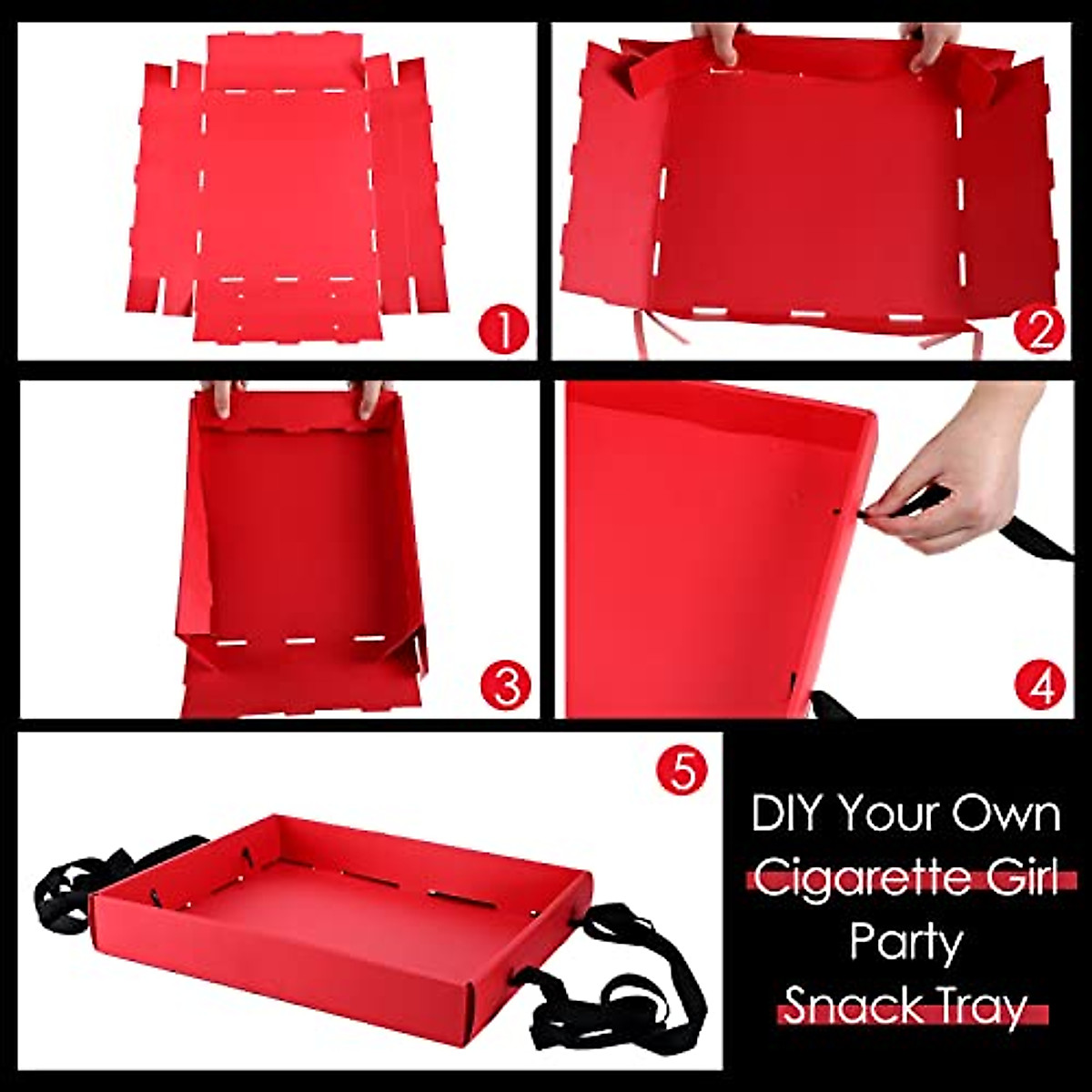 2 Pcs Wearable Party Tray Snack and Beverage Carrier Foldable Drink Carriers Drink Holder Movie Snack Trays with Strap Halloween Costume Accessory Prop with 4 Ribbons, 2 x 11 x 13 Inches (Red)