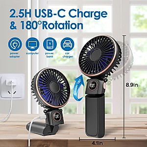 Portable Handheld Fan,5200mAh Personal Fan with LED Display,3-in-1 180° Foldable Mini Fan with 6 Speed,Desk Fan Rechargeable Hand Held Fan for Lash,Small Fan for Travel Office Women Girls (Black)