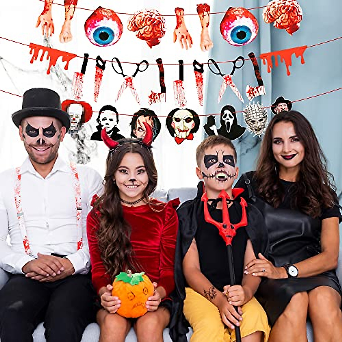 Kirako Halloween Party Banners Decorations Horror Classic Movie Character Bloody Knife Weapons Broken Body Parts Hanging Garland Photo Props Vampire Zombie Haunted House Decor Supplies, Set of 3