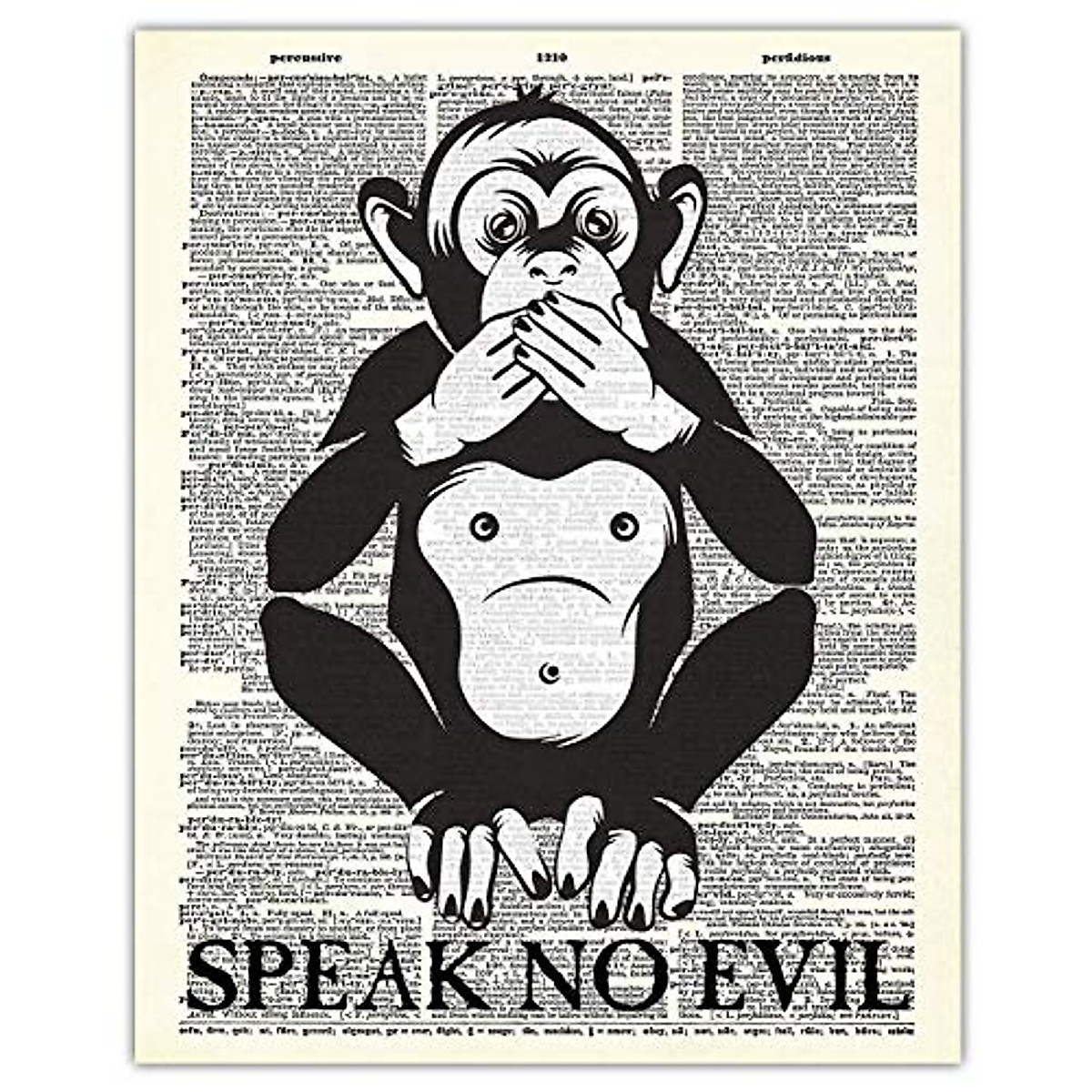 3 Wise Monkeys Dictionary Wall Art Prints: Unique Room Decor for Boys, Men, Girls & Women - Set of Three (8x10) Unframed Pictures - Great Gift Idea