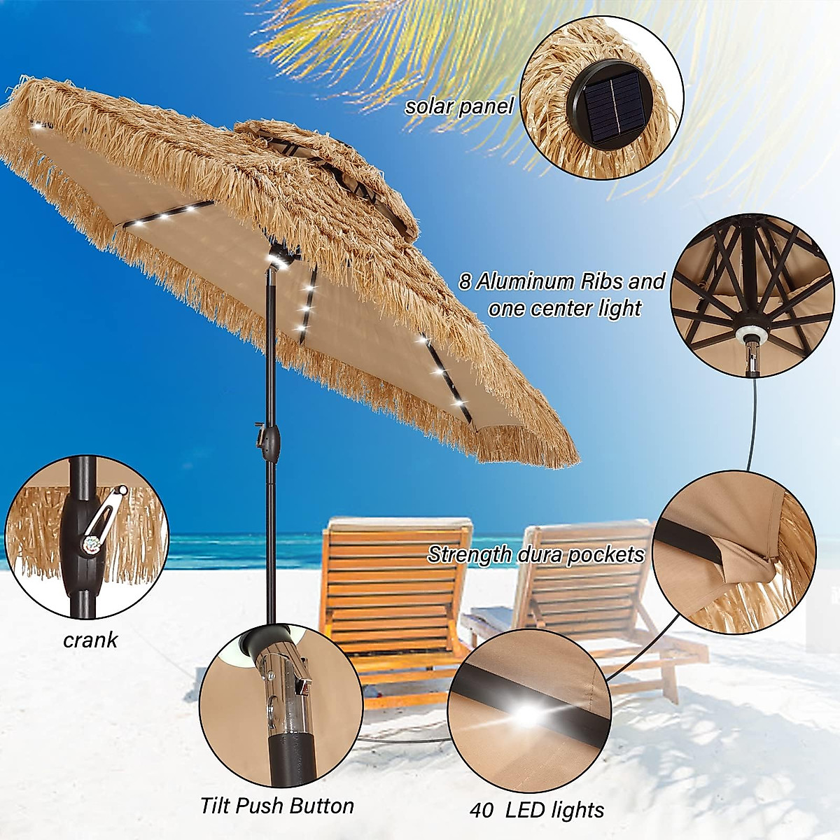 Wonlink 9 FT Patio Tiki Umbrella, Outdoor Patio Umbrellas with 32 LED Lighted Double Top Thatched for Pool Beach
