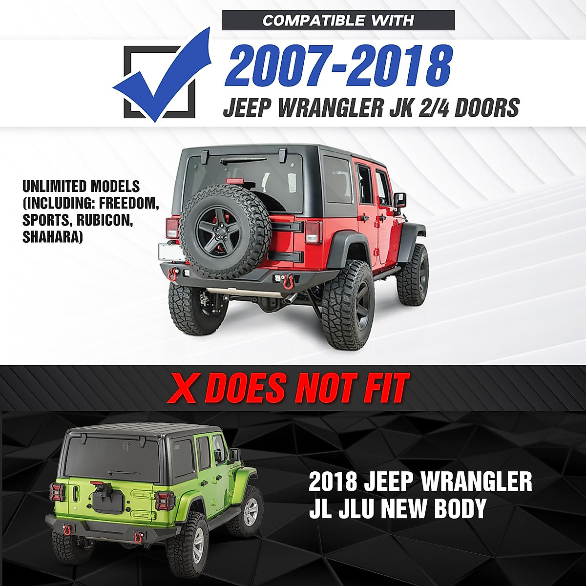 EYOUHZ Rear Bumper with Spare Tire Carrier Compatible with 2007-2018 Jeep Wrangler JK JKU Unlimited with 2" Hitch Receiver, License Plate Bracket, Paintable Armor, LED Lights & D-Rings (2/4 Doors)