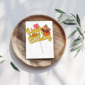 Thanksgiving Happy Birthday Cake Topper - Happy Friendsgiving Cake Topper - Autumn Fall Harvest Maple Pumpkin Picks Holiday Friends Party Supplies
