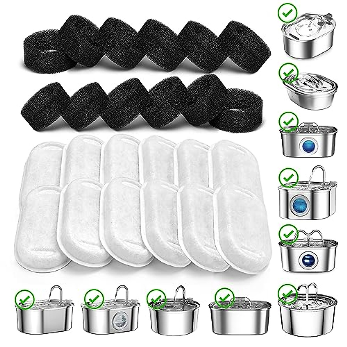SOOFPET Cat Water Fountain Filter, 24 Pieces (Carbon Filters + Foam Filters), Replacement Filters for 108oz/3.2L Stainless Steel Cat Water Fountain