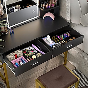 armocity Vanity Desk with Mirror and Light, Makeup Vanity with Cushioned Stool, Vanity Table Set with 3 Color Lighting Options, Modern Dressing Table with 2 Storage Drawers for Bedroom, Black