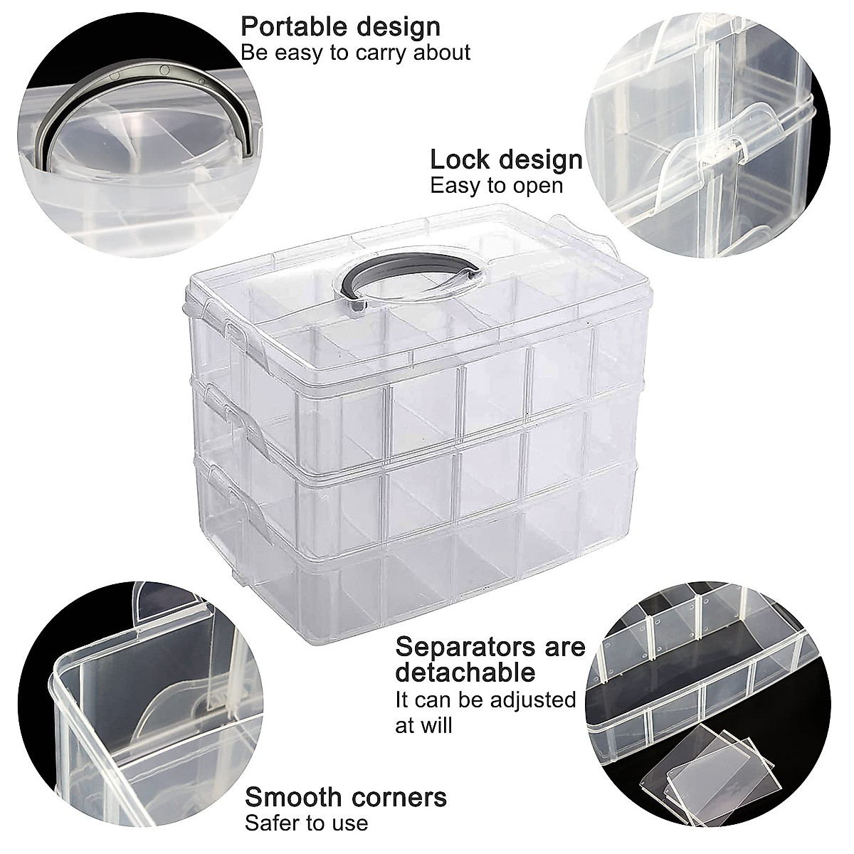 3-layer Stackable Craft Storage Containers - Plastic Craft Box Organizer With 30 Adjustable Compartments And Handle - Portable Beads Organizers And Storage For Arts And Crafts, Toy, Washi Tapes, Nail