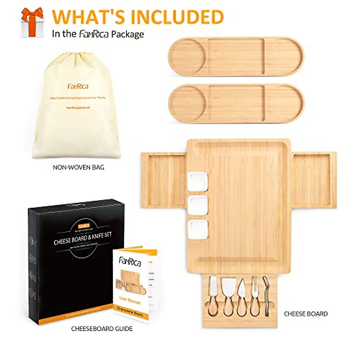 Charcuterie Board Set - FamRica Extra Large Cheese Board with 2 Drawers, Bamboo Cheese Tray Serving Board - Unique, Wedding, Housewarming, Birthday Gifts