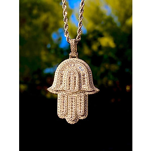 Shop-iGold Men's Hamsa Evil Eye Protector Men Women 925 Italy White Gold Finish Iced Silver Charm Pendant Stainless Steel Real 3 mm Rope Chain, Mans Jewelry, Iced Pendant, Rope Necklace 16"- 24" (24)