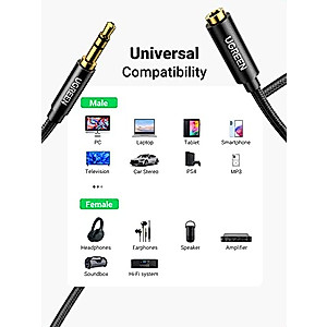 UGREEN Headphone Extension Cable Nylon Braided Male to Female 3.5mm Extension Cable Lossless Multi Shielded Aux Jack Extender Gold Plated Cord Compatible with iPhone iPad Tablets Media Players, 3FT