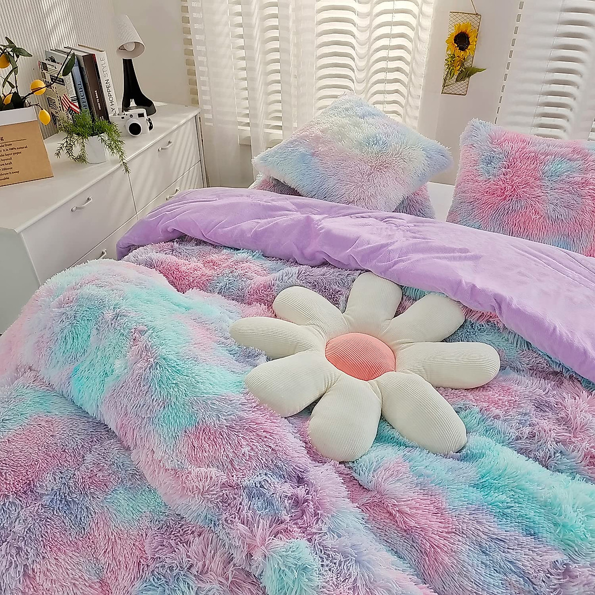 DYcolor Plush Shaggy Duvet Cover Set, 3 Pieces Colorful Comforter Cover Ultra Soft Warm Fuzzy Bedding Set with Pillowcases, Luxury Velvet Fluffy Bedding Sets for Bedroom (Lilac Purple, Queen)