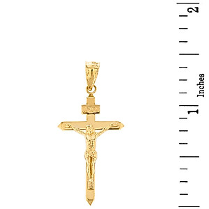 Solid 14k Yellow Gold Linear Cross INRI Crucifix Pendant (1.40")