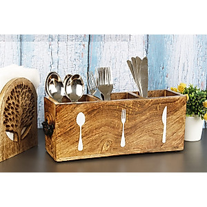 Mother's Day Gifts Wooden Kitchen Utensil Holder With 3 Compartments Wood Utensil Organizer for Cutlery, Napkins, Cups Caddy Organizer | 10.5 X 3.5 Inch