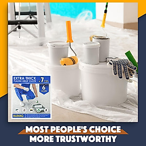 K212M 6Pcs 9x12 Ft Plastic Drop Cloths, 0.7Mil Thick, Waterproof & Dust-Proof Tarp for Painting, Disposable Sheeting for Furniture, Floor, and Couch Protection - Durable Painter’s Cover