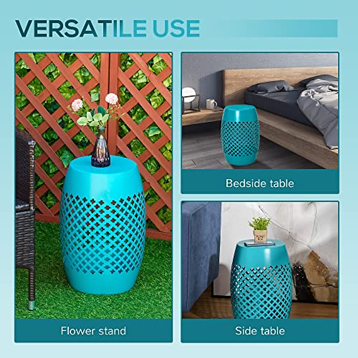 Outsunny 12.5" Steel Patio End Table, Round Hollow Drum Side Table, Accent Table for Indoor and Outdoor, Blue