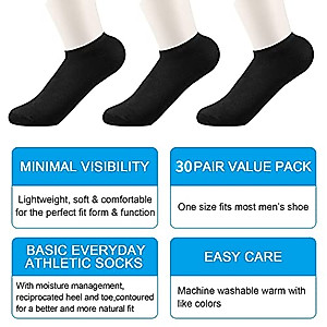 Welldaye 30 Pairs Men Ankle, Low Breathable Casual, Sports, Thin Athletic Short Sock Bulk (black), 18 (b00012)