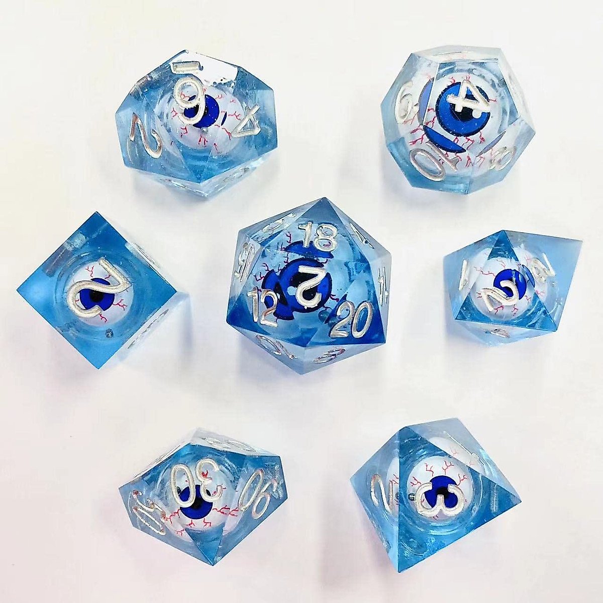 DND Eyeball Dice-Set Sharp Edges - IDTQ Dungeons and Dragons Polyhedral Blue Bloodshot Translucent Dice Set RPG MTG Table Games D4 D6 D8 D10 D12 D20 (Blue Eye)