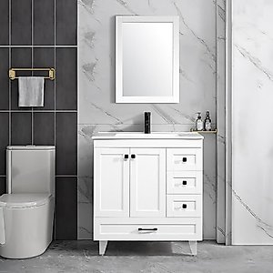 DodreHome 30" Bathroom Vanity with Sink Combo, Modern Freestanding Bathroom Cabinet with Soft Closing Door and Drawers, Includes Undermount Single Vessel Sink, Faucet & Mirror, White (30INCH)