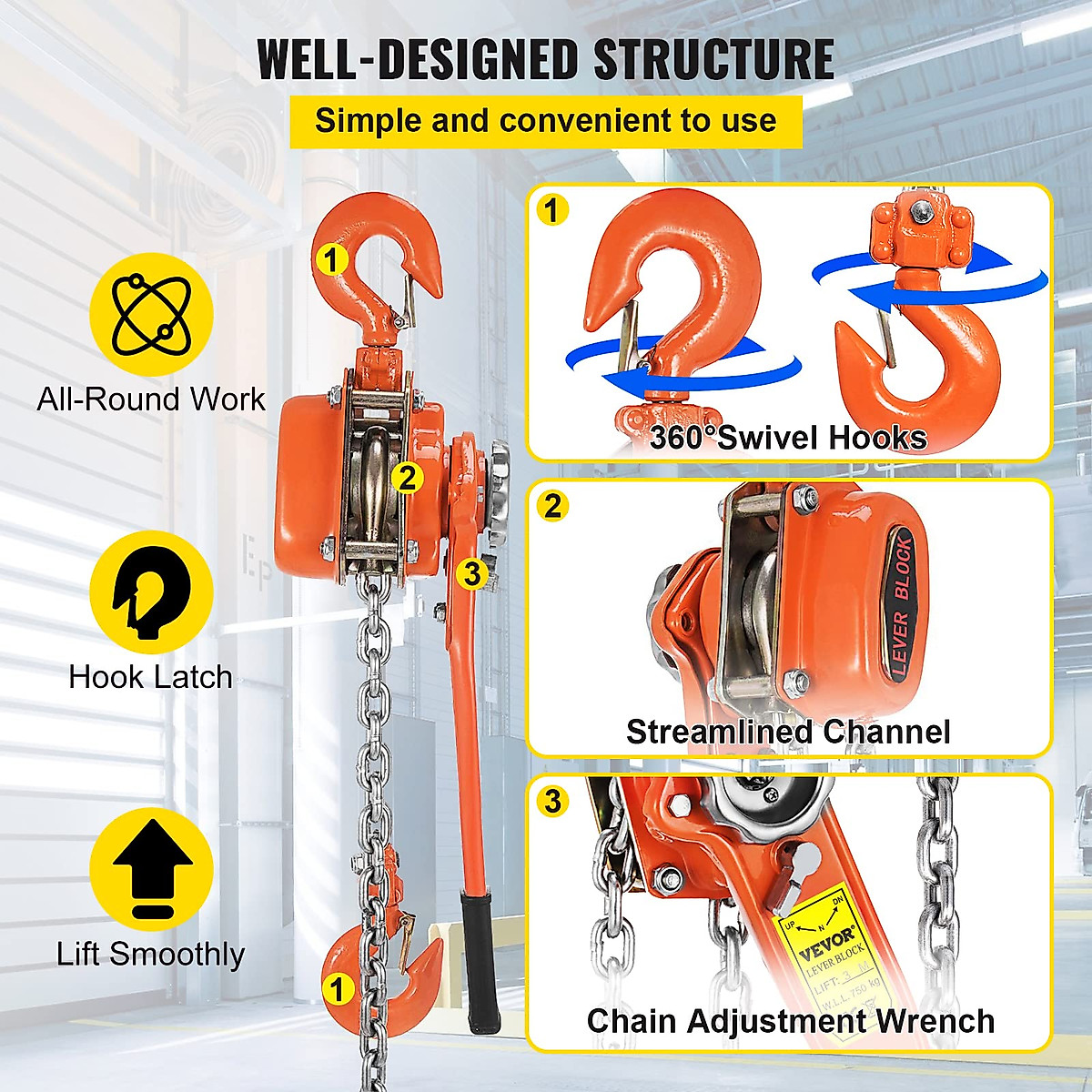 VEVOR Lever Chain Hoist, 0.75Ton 1650lbs Capacity Ratchet Puller with 10FT Max. Lifting Height, Come Along 2 Heavy Duty Steel Hooks, Manual Handling Tool for Cargo Moving in Construction, Warehouse , Orange