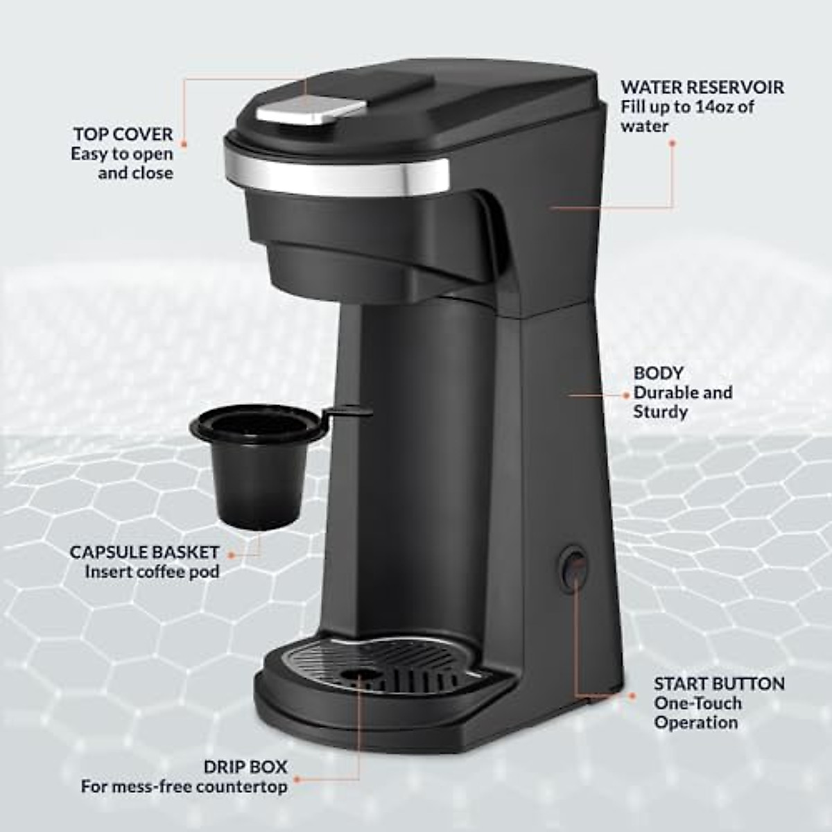 Newhouse Single Serve Coffee Maker compatible with K-cups Water Reservoir, Versatile Ground Coffee & K-Cup Compatibility, Adjustable Tray for Travel Mugs