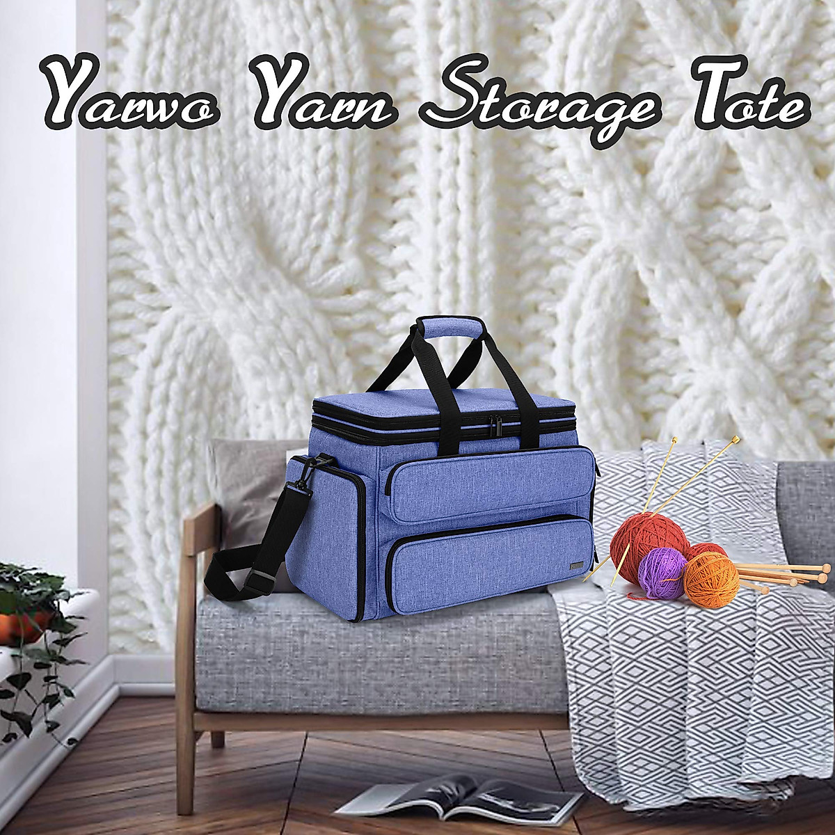 YARWO Knitting Yarn Bag, Portable Crochet Storage Tote with Double Top Cover and Yarn Holes for Knitting Needles(Up to 14”), Unfinished Projects and Skeins of Yarn, Gray