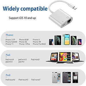 Lightning to Ethernet Adapter, [Apple MFi Certified] 2 in 1 RJ45 Ethernet LAN Network Adapter with Charge Port Compatible with Phone/Pad/Pod, Supports 100Mbps Ethernet Network