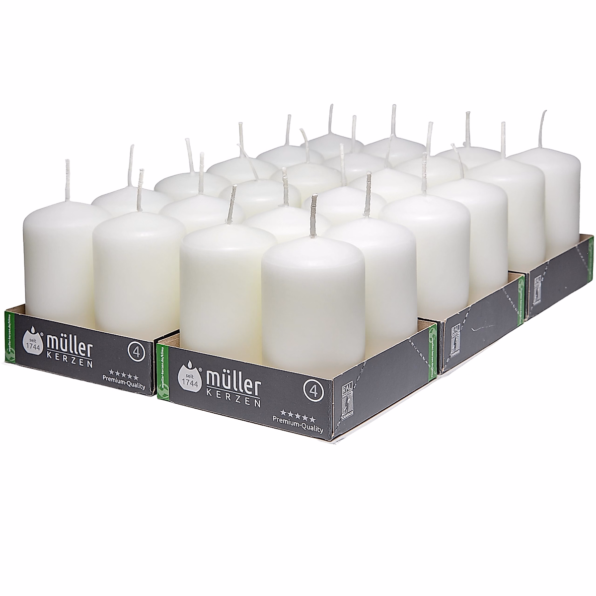 Müller Small Pillar Candle - Pack of 24 Unscented White Candles - 1.89 x 3.54 Inch - 16 Hours Burn Time Candles for Decoration - No Drip Wax - Smokeless Wick - RAL Quality - Made in Germany