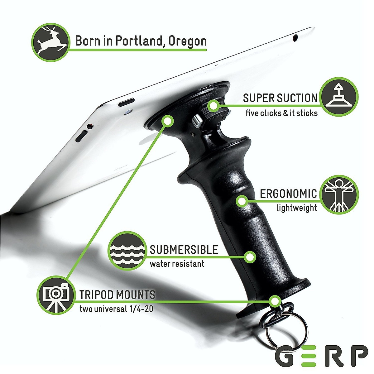 GERP Gear Action Kit - All-in-One Stand, Grip, and Mount Plus Accessories for Tablets, Phones, and Action Cameras - Black - Suction Mount, Swivel Mount, and Dual Tripod Mounts