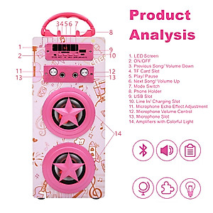 Kidsonor Kids Bluetooth Karaoke Machine with 2 Microphones, Wireless Remote Control Portable Karaoke Music MP3 Player Loudspeaker with Microphones for Kids Adults Home Party (Pink)