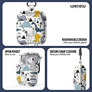 wenew Leather Case for AirPods 1 & 2, AirPods 2 case with snap Closure AirPods Leathe case for Women with Clip (Dino)