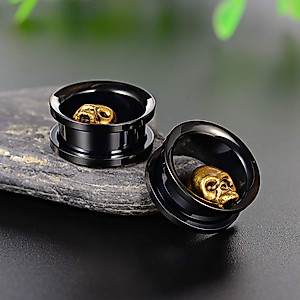 COOEAR 1 Pair Ear Gauges Piercing Black Ear Tunnels Skull Plugs Stainless Steel Screw Earrings.