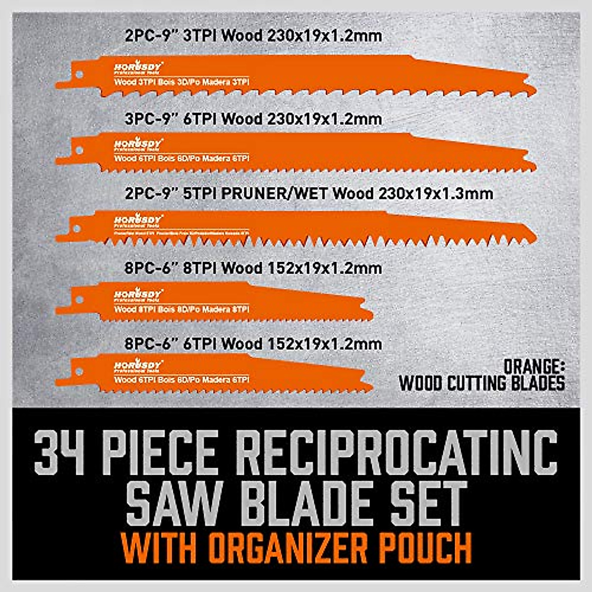 HORUSDY 34-Piece Reciprocating Saw Blades Set, Metal & Woodcutting Saw Blades, Sawzall Blades with Pouch.