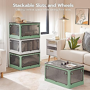 HOOBRO 22.2 Gal Plastic Storage Bins with Lids, Collapsible Storage Bin with Wheels, Folding Storage Box, Stackable Storage Bins with 5 Doors, for Home, Office Organizing, 3-Pack, Green JG84CWP301