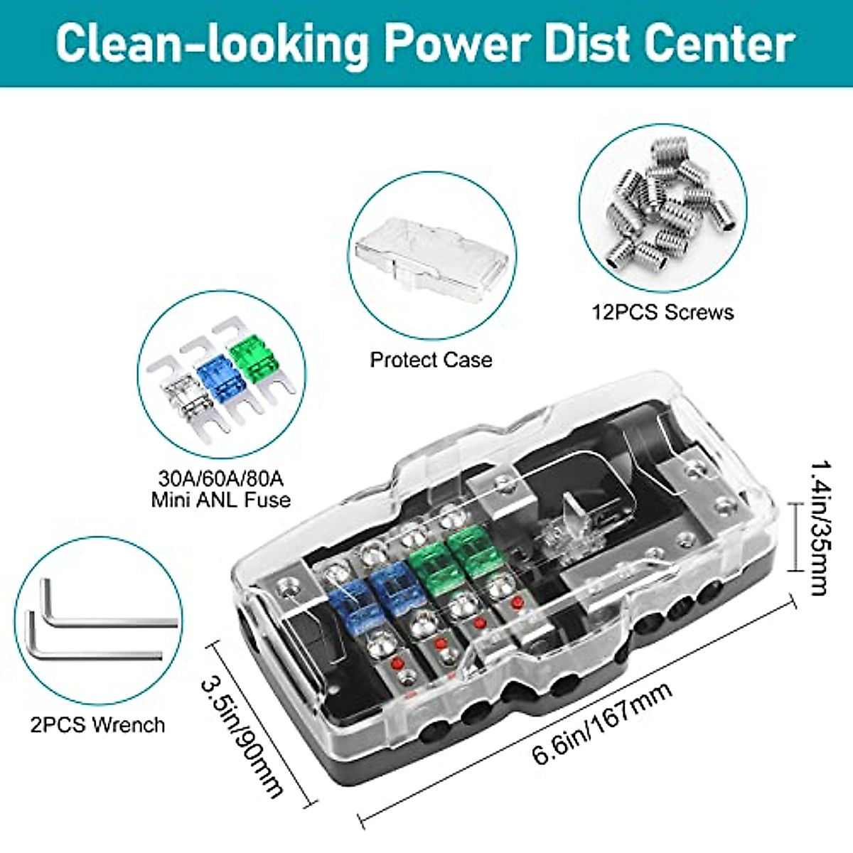 Power Distribution Block, Fused Power Distribution Block Car Audio 4 Way MIDI(Mini-ANL) Fuse Block, Support 12V Input 0-4 Gauge & Output 4-8 Gauge with Ground for Auto UTV Boat Stereo Amp