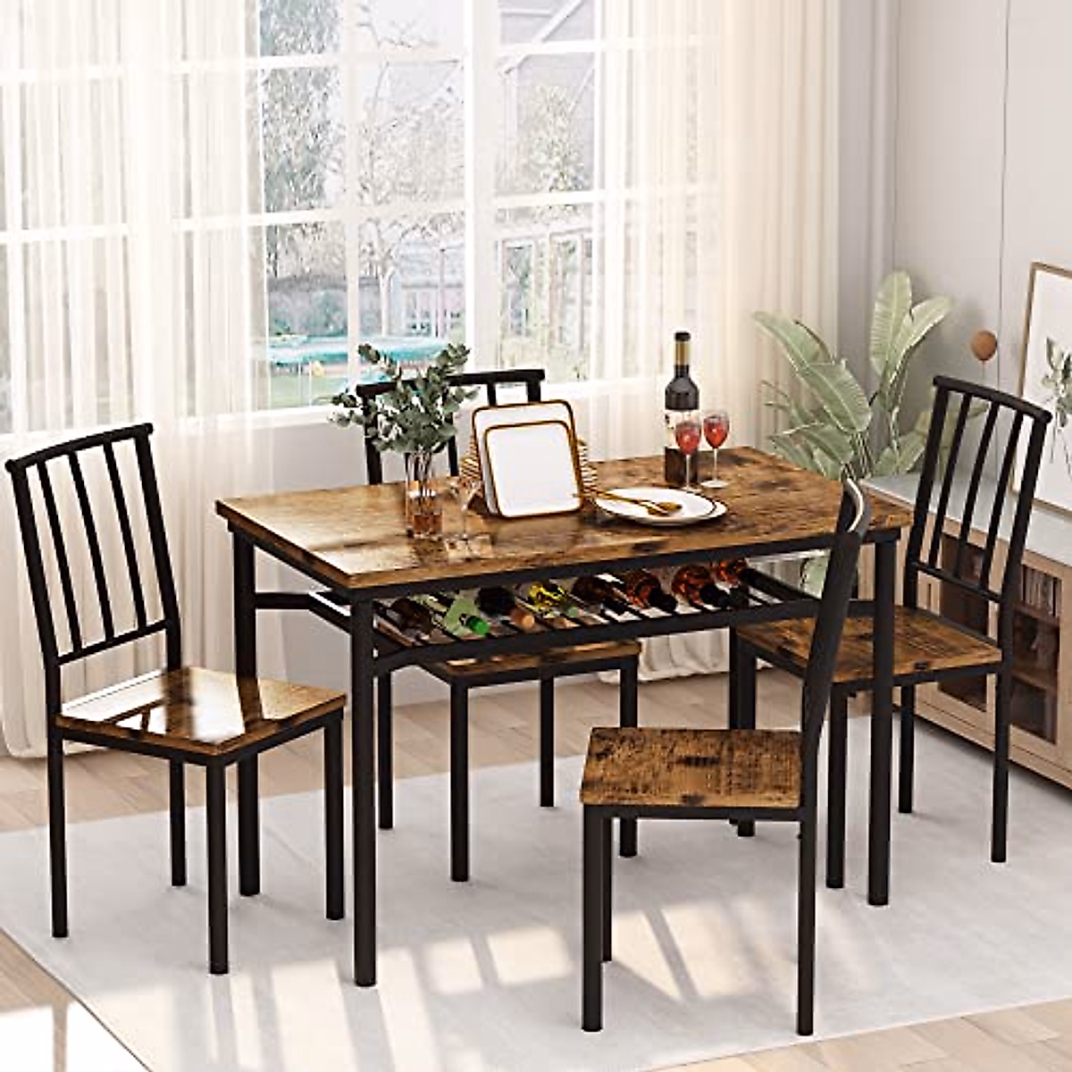 AWQM Dining Table Set for 4, Dining Table with Storage Shelf and 4 Chairs, Industrial Kitchen Table and Chairs for 4, Table and 4 Chairs Set for Breakfast Nook, Dining Room, Kitchen - Rustic Brown
