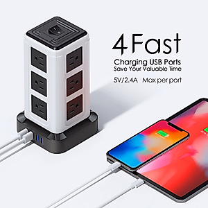 Power Strip Surge Protector with 12 AC Outlets 3250W, 4 USB Ports 1050J and 9.8ft Extension Cord, Power Strip Tower Electric Charging Station for iPhone Tablet Laptops Home Office