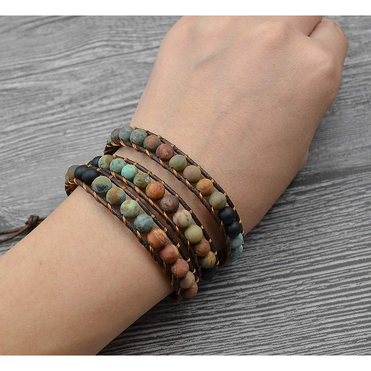 Izpack Fashion Love Heart Beaded Leather 3 Wrap Bracelets for Women Handmade Boho Natural Stone Ball Beads Wrist Bracelet Nice Gifts New Adjustable